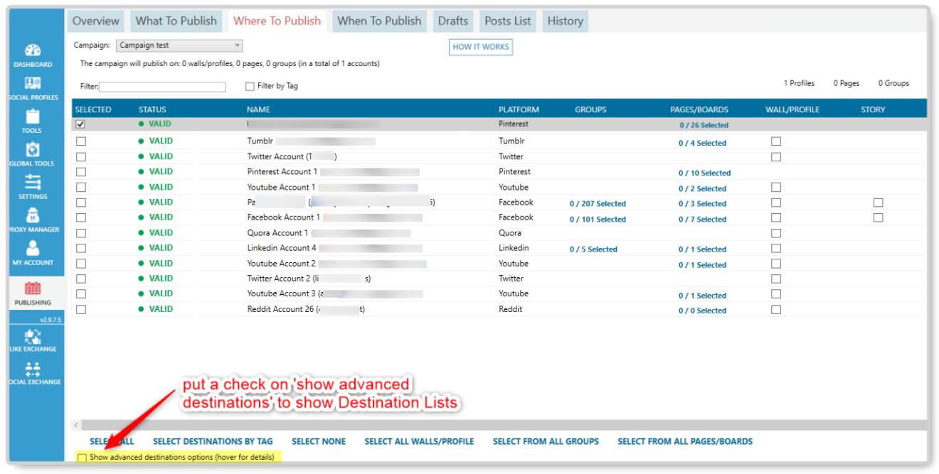 Campaigns - Where To Publish - Jarvee